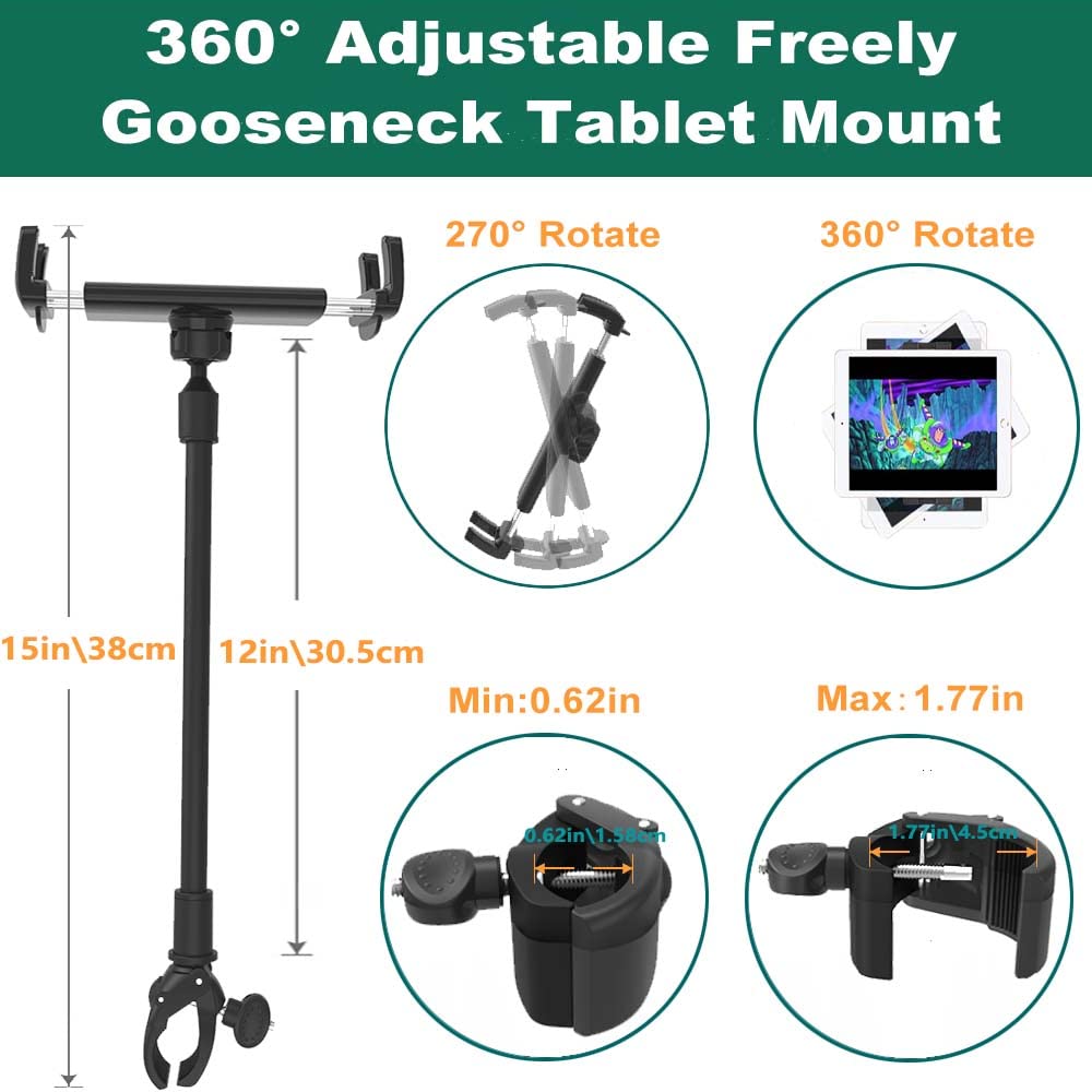 Cuxwill Tablet Holder Spin Bike Mount for 4-13" iPad Phone, 360° Gooseneck Stand for Treadmill Stationary Exercise Bicycle, Indoor Cycling Clamp for iPad Pro Air Mini, Galaxy Z Fold, Fire HD, iPhone