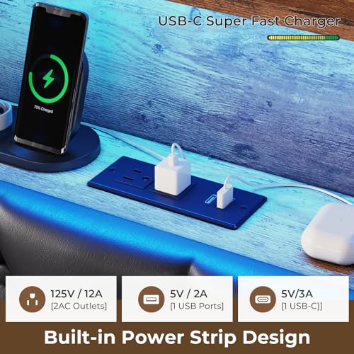 ADORNEVE Lift Up Storage Bed Frame Twin Size with LED Lights Headboard and Charging Station, Upholstered Storage Headboard, Hydraulic Storage, Solid Wood Slats Support, Noise-Free, PU Black