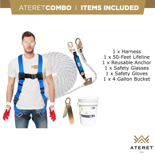 ATERET Bucket of Roof Harness Safety Kit, 50 ft. Vertical Lifeline Assembly, Reusable Anchor, 4 Gallons Bucket, Safety Harness Fall Protection Kit
