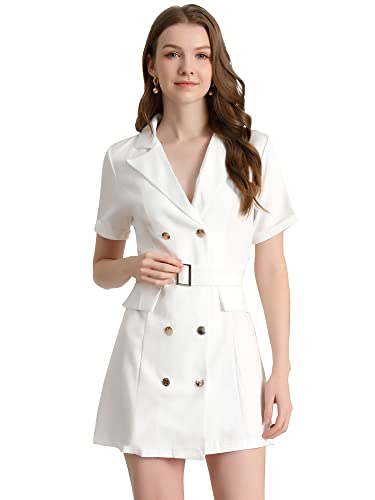 Allegra K Women's Notched Lapel Double Breasted Casual Work Office Belted Blazer Dress Medium White