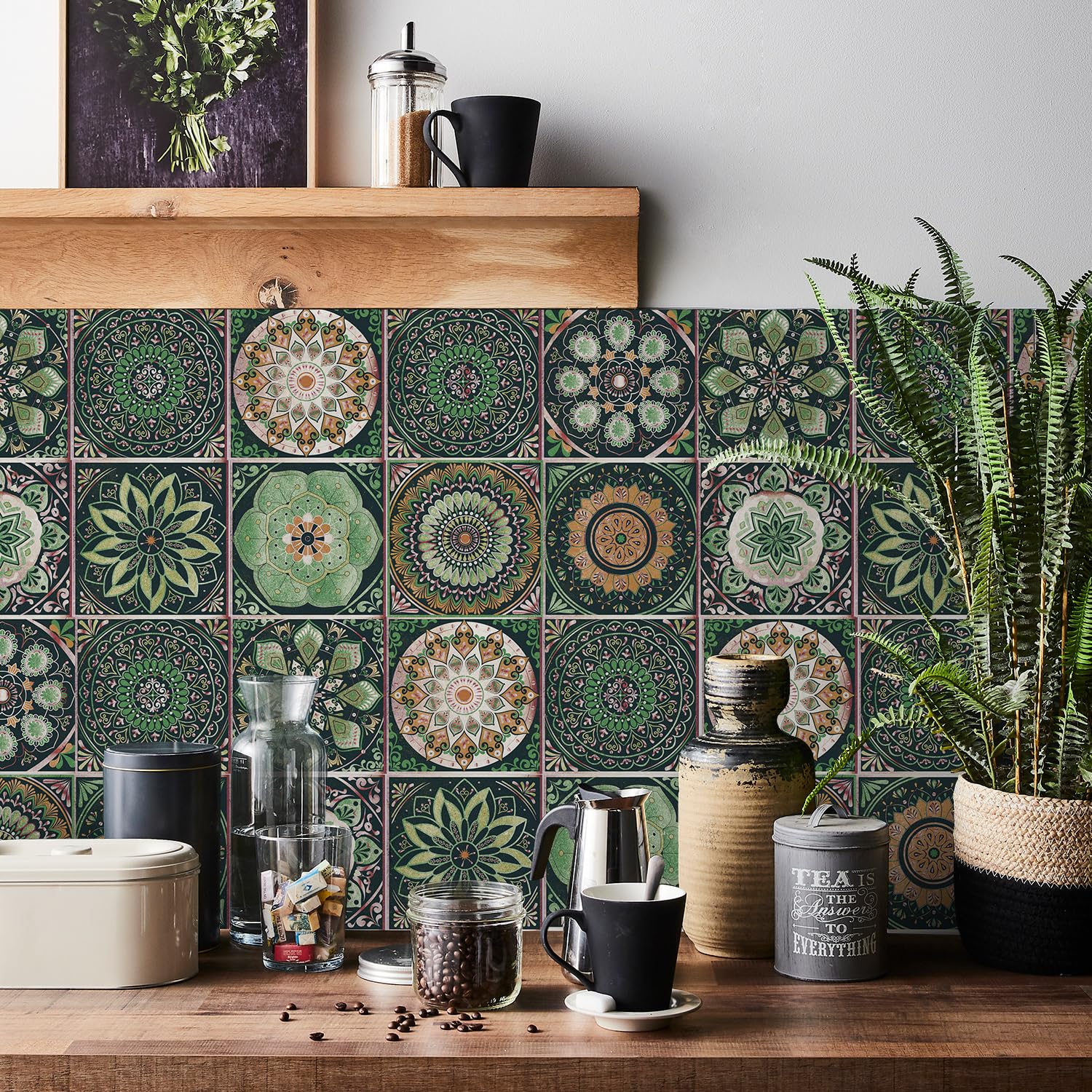 Adreamer90 Mandala Moroccan Wallpaper Tile Stickers 5.91 * 5.91 in Peel and Stick,Removable Talavera Decor 2D Wall Tile Decals for Kitchen Bathroom Laundry Stair Fireplace Art Decor Tiles