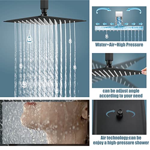 Aolemi Ceiling Mount Shower System, 12 Inch Rain Shower Head with Handheld Spray High Pressure Shower Faucet Set Rough-in Valve and Shower Trim Included Bathroom Matte Black Square Knob