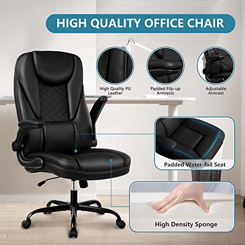 Guessky Office Chair, Executive Office Chair Big and Tall Office Chair Ergonomic Leather Chair with Adjustable Flip-Up Arms High Back Home Office Desk Chairs Computer Chair with Lumbar Support (Black)