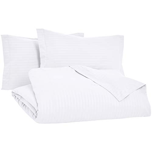 Amazon Basics Microfiber 3 Piece Duvet Cover Set, Full/Queen, Bright White, Striped, 4 Pack