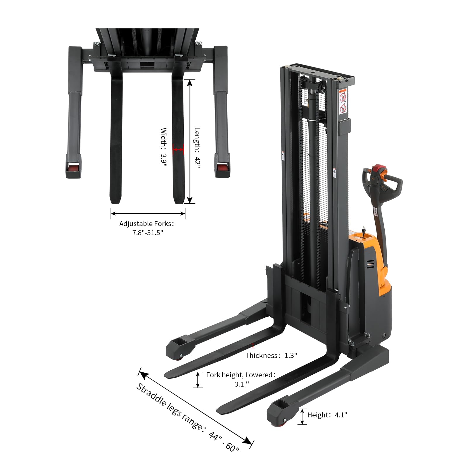 APOLLOLIFT Full Electric Pallet Forklift Lift Stacker with Straddle Legs 2640lbs Load Capacity 98inch Lifting Height with Adjustable Forks