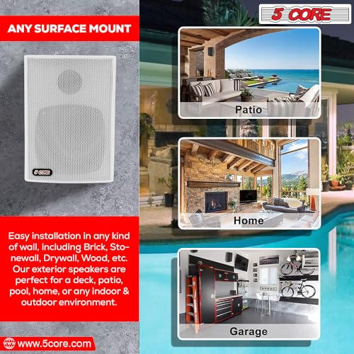 5 CORE Outdoor Speakers Stereo in Wall Speaker 100W Peak Passive Outside Surface Mount Wired Waterproof Patio House Garage Indoor Exterior Audio System Out Door Bocinas Para Casa - 13T WH 1PK