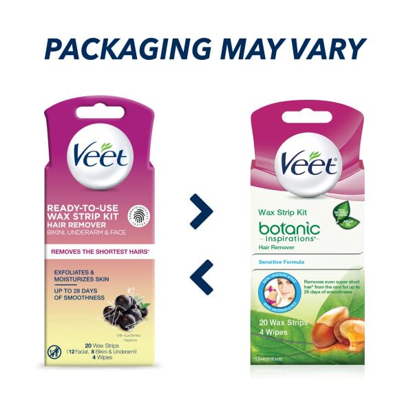 Veet Hair Removal Wax Strips- Botanic Inspirations Easy- Gelwax Technology, Sensitive Formula Hair Remover Wax Strip Kit with Argan Oil, 20 wax strips with 4 wipes (Pack of 3)