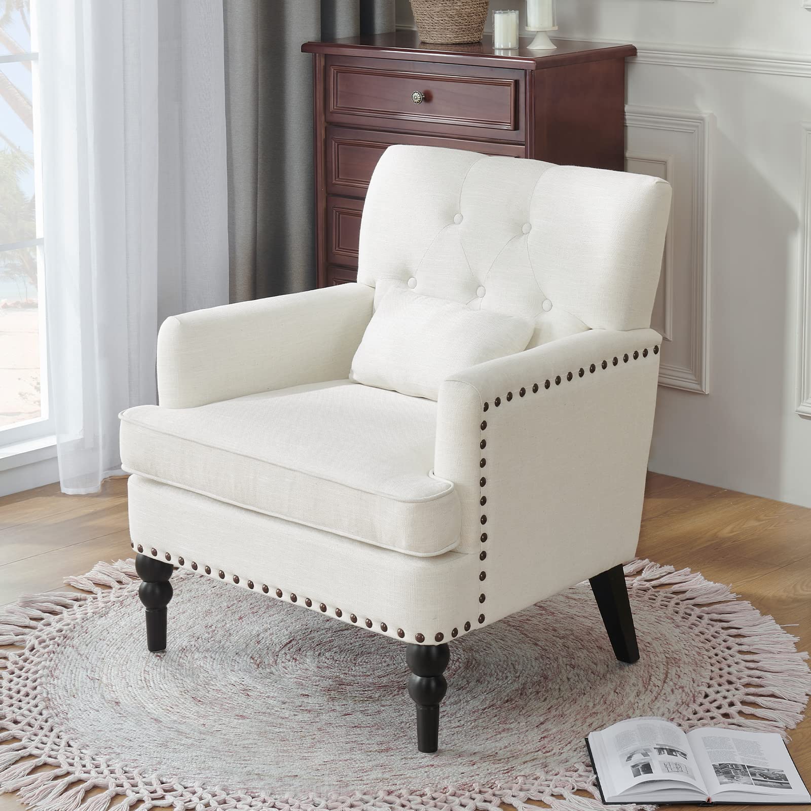 Accent Chair, Arm Chair,Living Room Upholstered Chair, Tufted Upholstered Sofa Club Chair for Bedroom, Comfy Reading Chair for Reception Room (White)