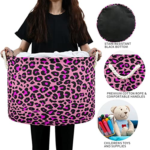 Kigai Storage Basket Pink Purple Leopard Round Toy Baskets Foldable Nursery Organizer Waterproof Inner Layer with Sturdy Handles Clothes Laundry Hamper Bin