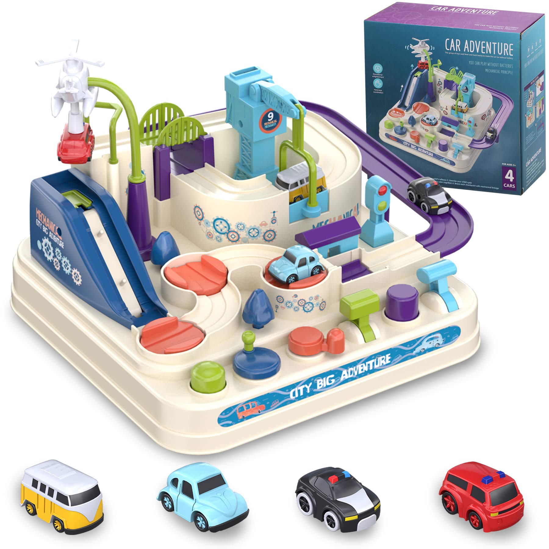 Car Adventure Toys for 3 4 5 6 7 8 Year Old Boys Girls, Race Tracks Toy for Boys with 4 Toy Vehicle, Preschool Educational Toy Car for Boy, Interactive Classic Toys Vehicle, White