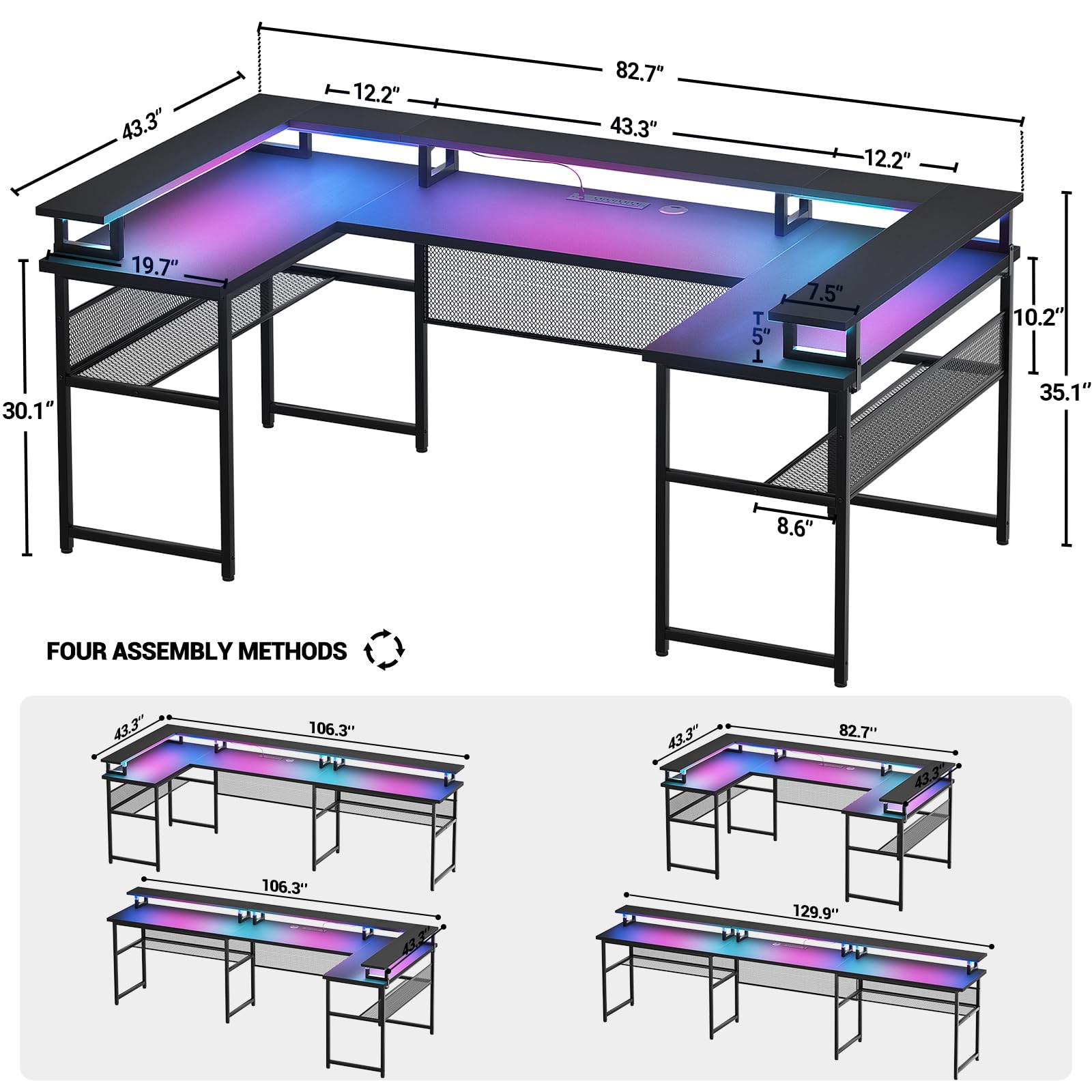 Unikito U Shaped Computer Desks, Reversible Office Desk with LED Strip and Power Outlets, L Shaped Table with Full Monitor Stand and Storage Shelves, 83 Inch Large U- Shape Gaming Desk, Black