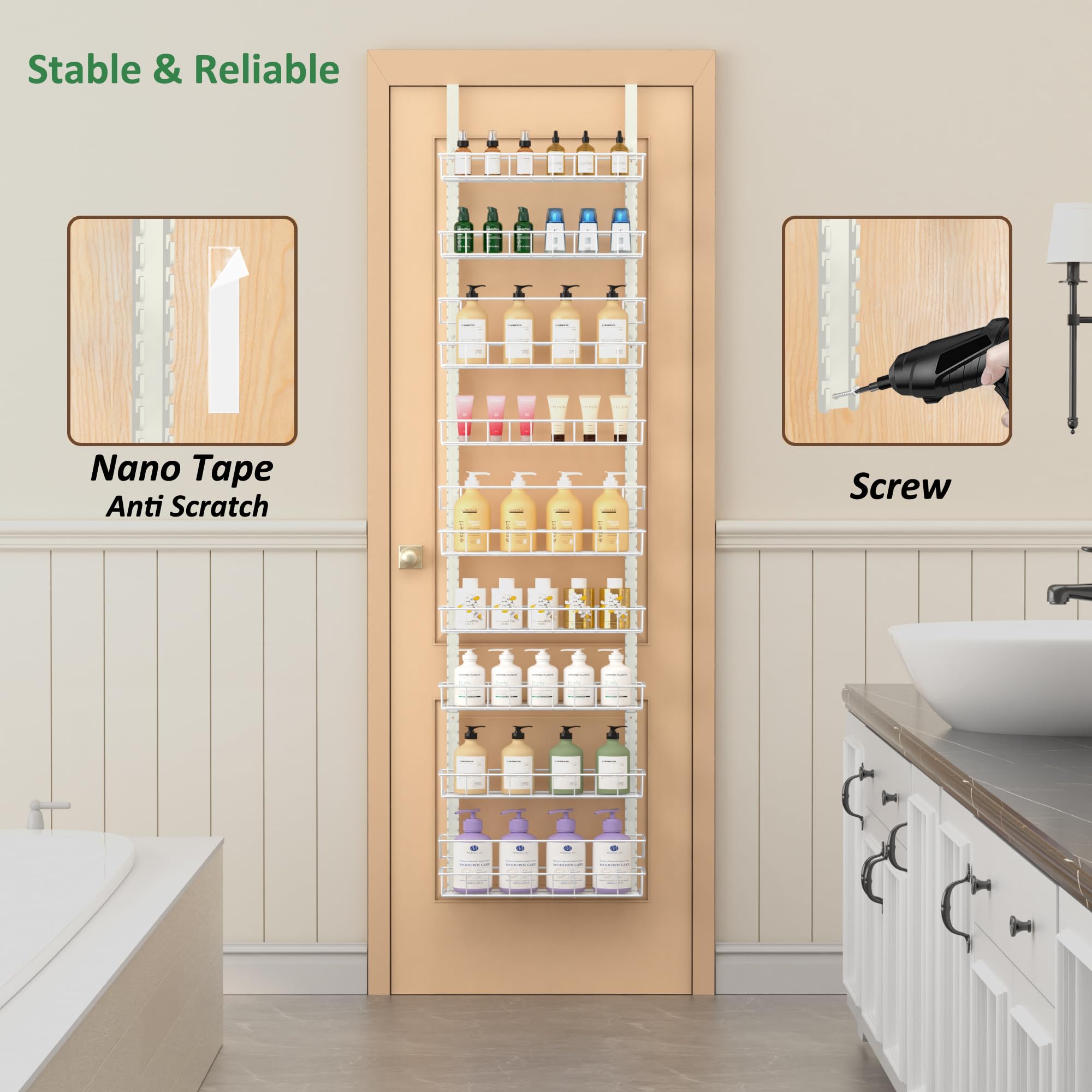 Churboro Over the Door Pantry Organizer Rack with 9 Adjustable Baskets, 9 Tiers Dual-use Hanging or Wall Mount Spice Rack Organizer, White