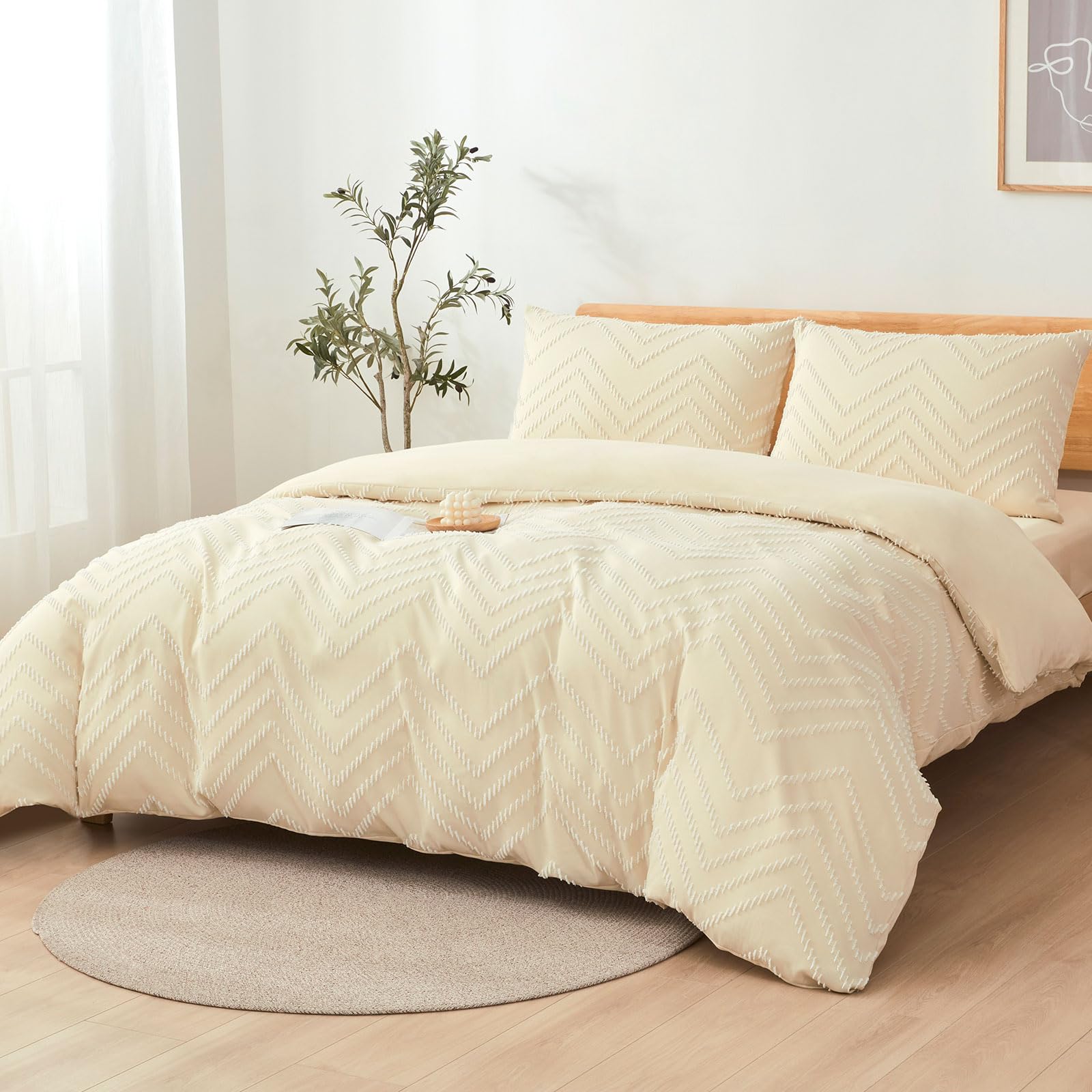 Tametra Twin Duvet Cover, White Tufted Duvet Cover Breathable and Soft in Boho Style, Shabby Chic Embroidery Duvet Cover Set for All Seasons 2 Pieces 68" x 90"(Beige)