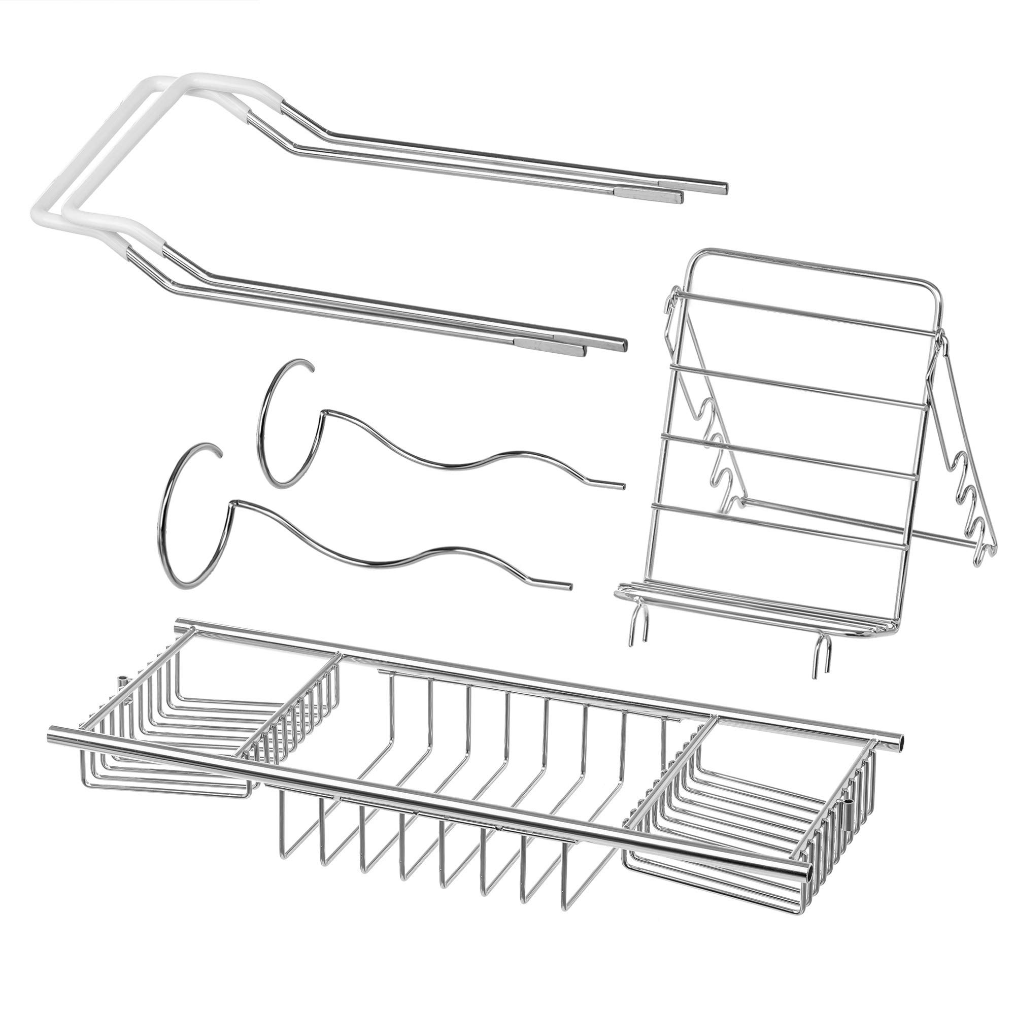 iPEGTOP Stainless Steel Bathtub Caddy Tray - Over Bath Tub Racks Shower Organizer with Extending Sides, Removable Wine Glass Book Holder