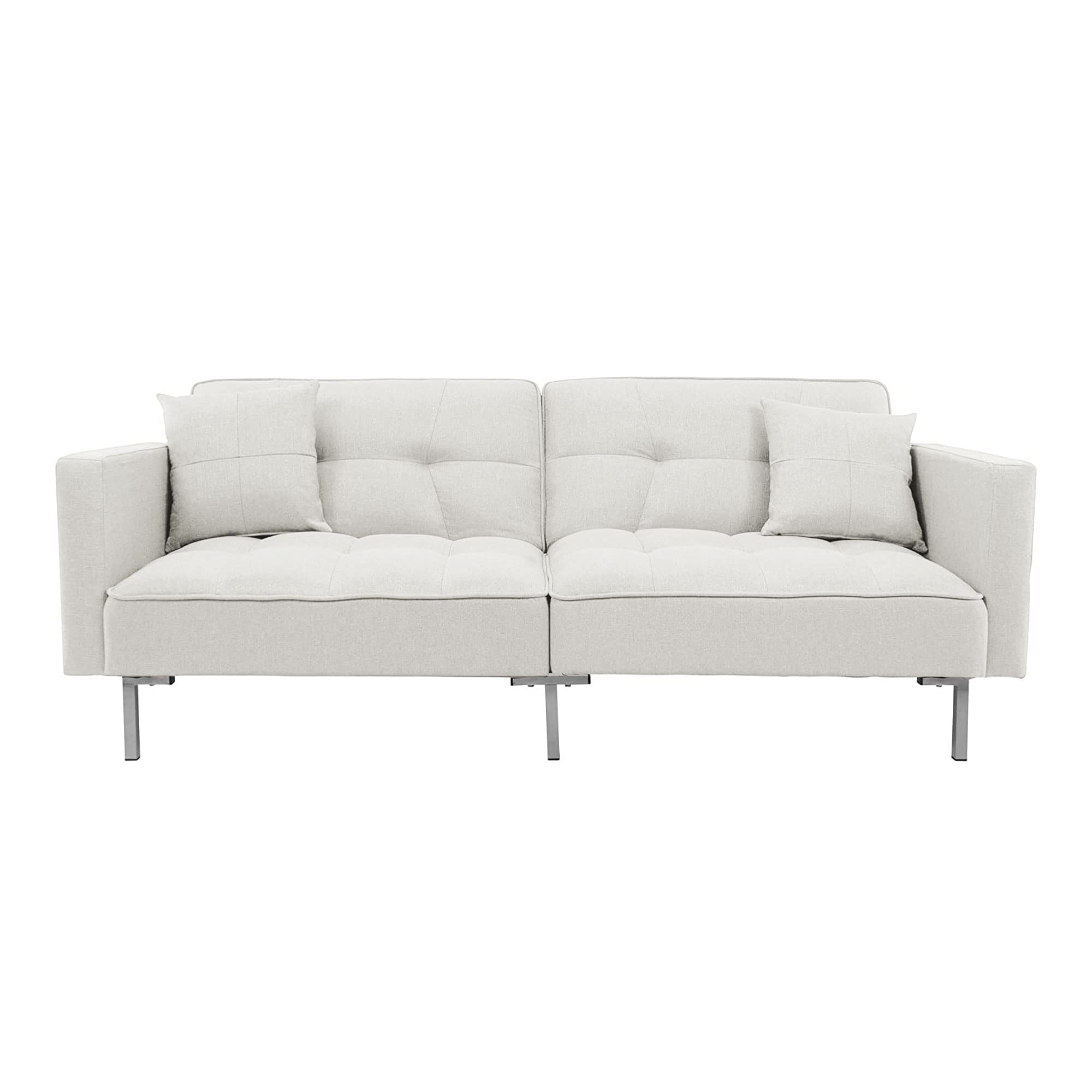Majnesvon Linen Convertible Futon Sofa Bed, 2-in-1 Sleeper with 2 Pillows, 3 Adjustable Angles for Backrest, Living Room Couch 5 Sturdy Metal Legs, Upholstered Loveseat Home, (White)