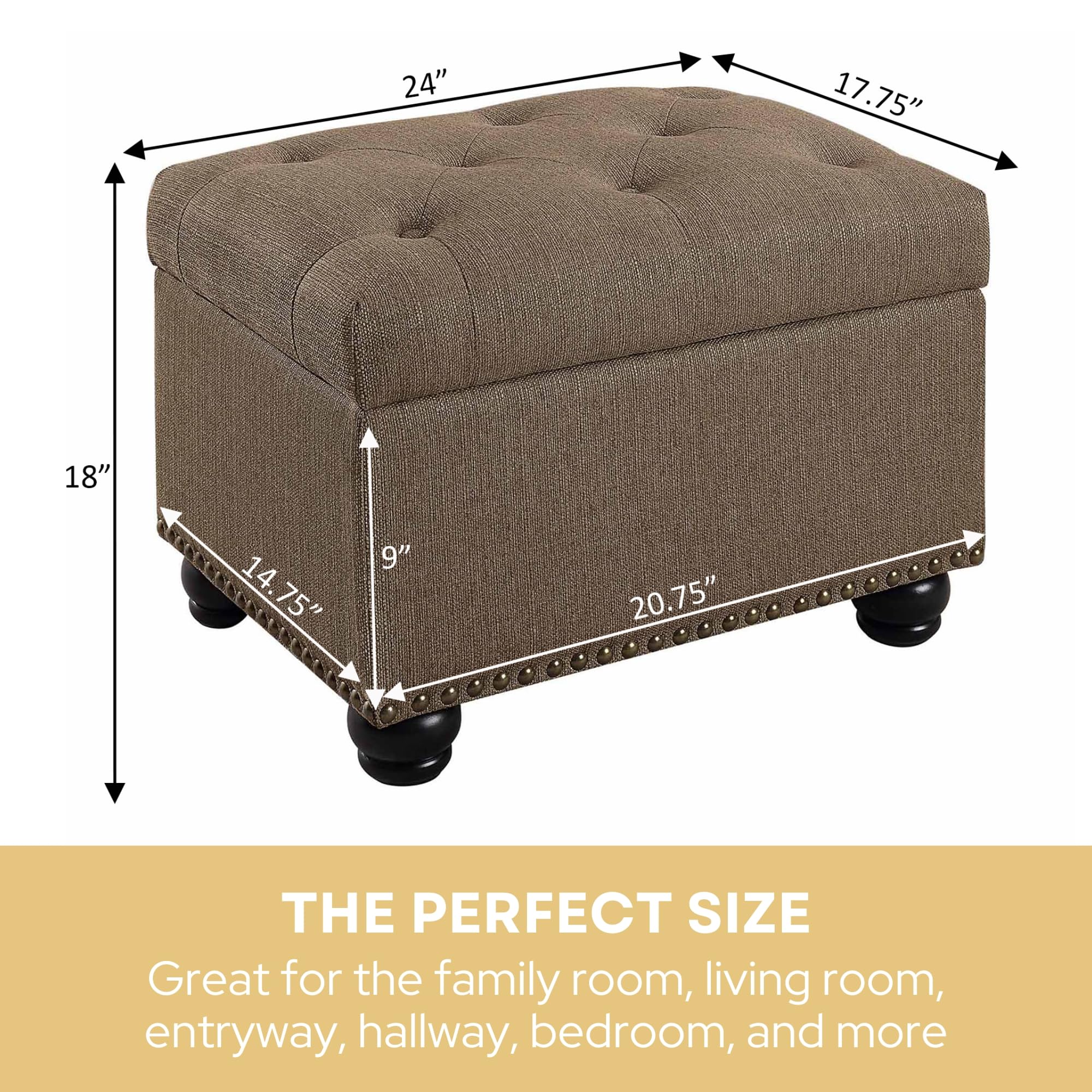 Convenience Concepts Designs4Comfort 5th Avenue Upholstered Storage Ottoman 24" - Contemporary Foot Stool and Seat with Hinged Lid for Living Room, Dining Room, Office, Sandstone Fabric
