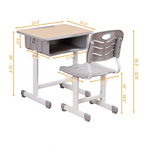 ShowMaven Student Desk and Chair Combo, Height Adjustable Children's Desk and Chair Workstation with Drawer, Pencil Grooves and Hanging Hooks for Home, School and Training (Light Grey&White Oak)