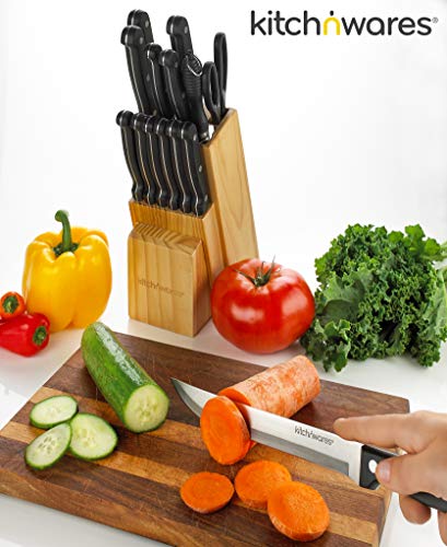 Knife Set With Wooden Block - 15 Piece Set Includes Chef Knife, Bread Knife, Carving Knife, Utility Knife, Paring Knife, Steak Knife, Boning Knife, Scissors And Knife Sharpener. - By Kitch N’ Wares