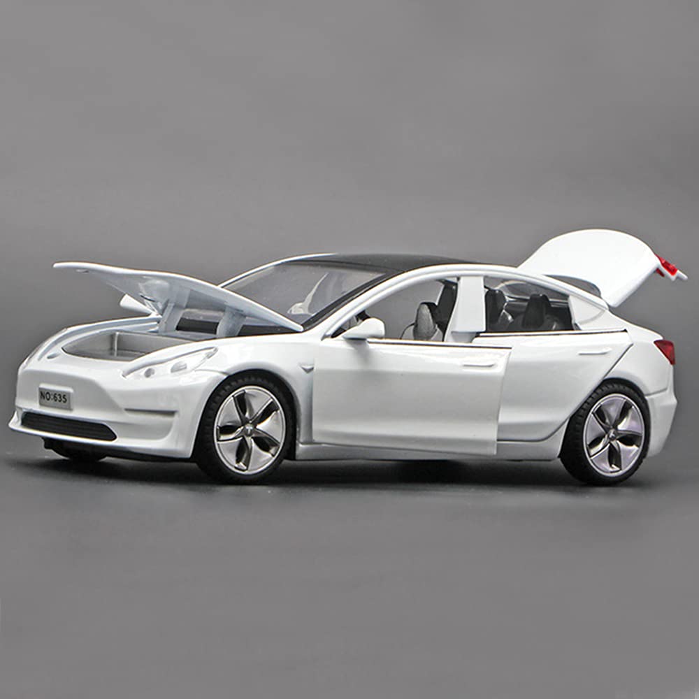 Car Model 3 1:32 Scale Alloy diecast Pull Back Electronic Toys with Lights and Sound, Mini Vehicles Toys for Kids Gift Tesla Car Lovers (White)
