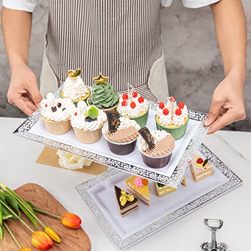 BBG 12Pcs Plastic Silver Serving Trays and Platters Set, 13.77 * 8.46β White with Silver Lace Design, Rectangular Plastic Food Platters, Disposable Serving Tray for Party Weddings Reception Buffet