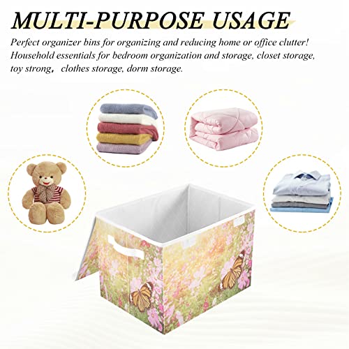 Blueangle Collapsible Storage Boxes 1 Pack, Cosmos Flower Field Butterfly Storage Baskets with Lids and Handle for Home Bedroom Closet Office（78）