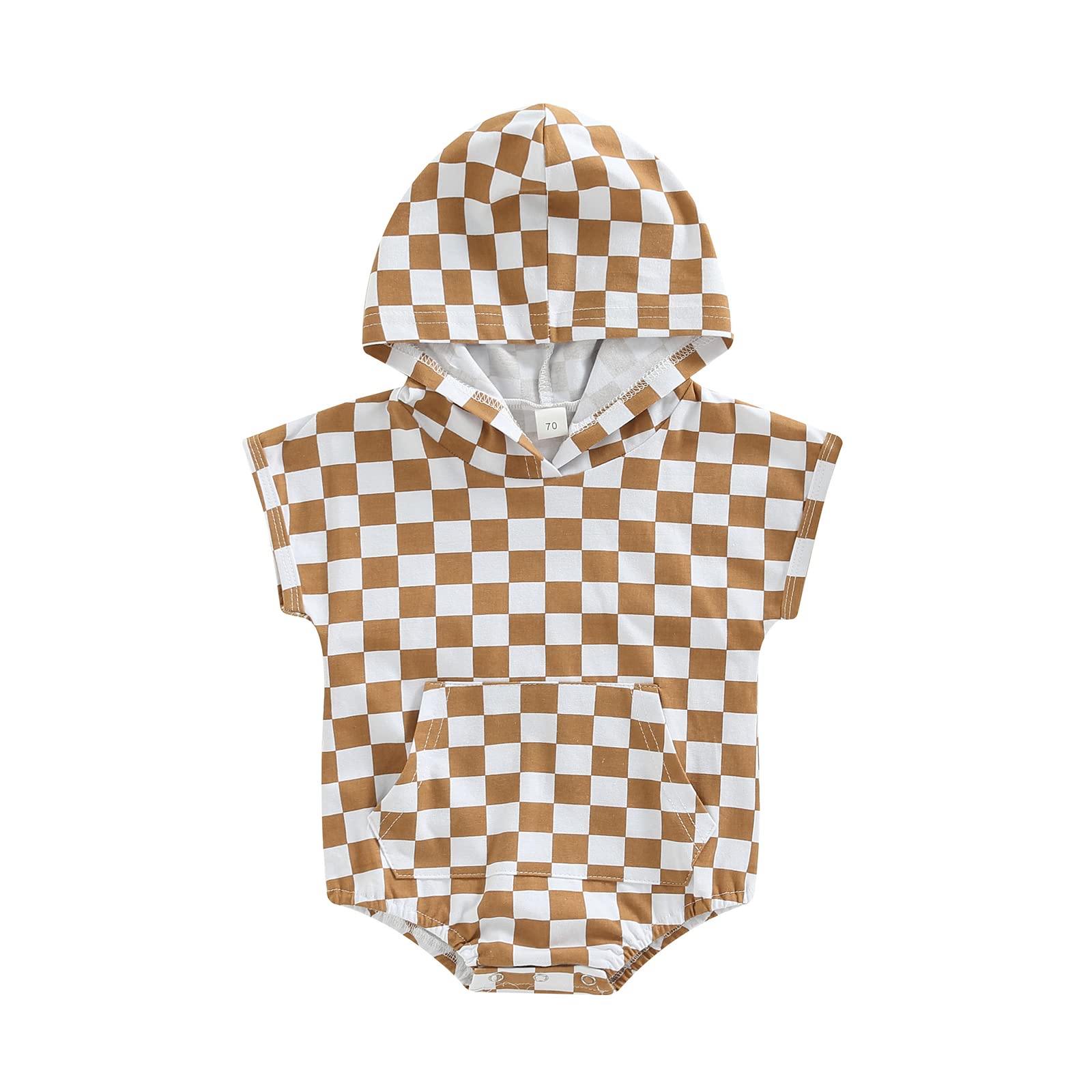 AEEMCEM Toddler Baby Boy Checkerboard Print Romper Short Sleeve Hooded Plaid Jumpsuit Bodysuit Outfit Cute Summer Clothes (Khaki, 3-6 Months)