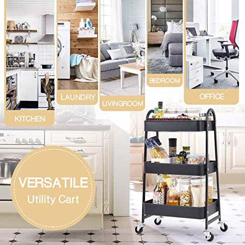 KINGRACK 3-Tier Rolling Cart, Metal Rolling Storage Cart with Lockable Wheels, Mobile Trolley Cart for Kitchen, Bathroom, Office, Workshop, Black
