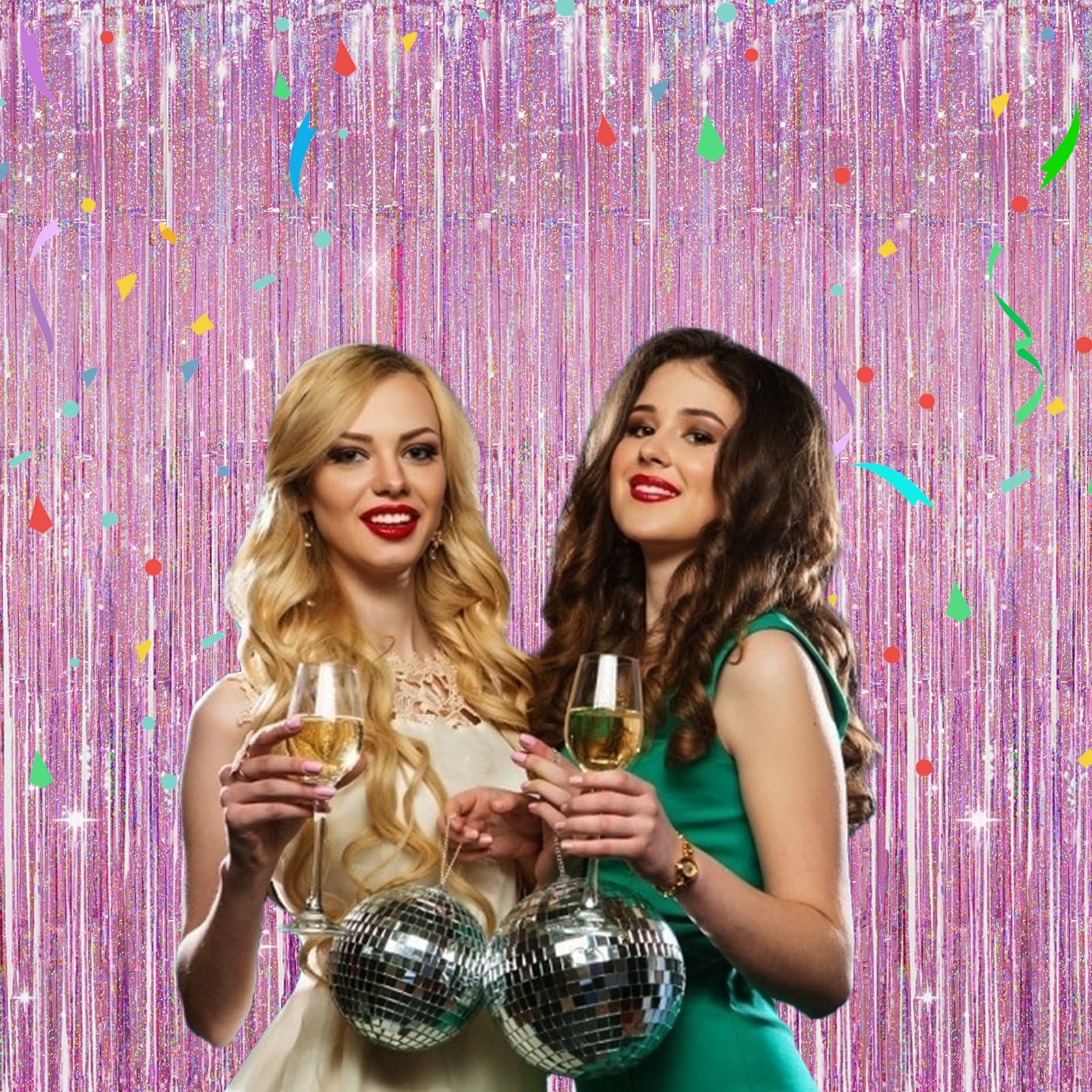 Anwyll Pink Metallic Foil Fringe Backdrop Curtains,2Pack Tinsel Curtain Party Streamers Photo Backdrop for Birthday Decoration,Glitter Pink Backdrop for Wedding Graduation Bachelor Party Decorations