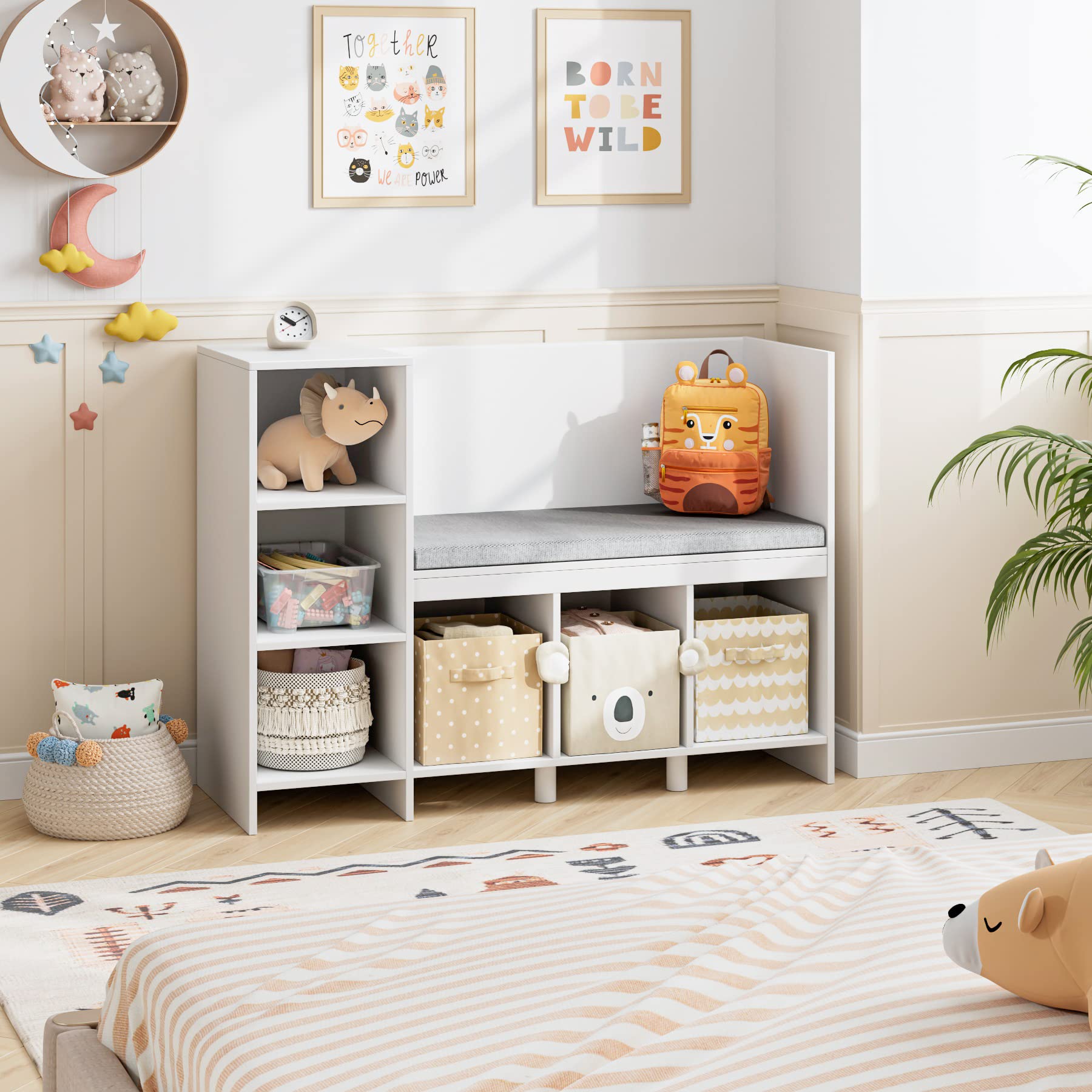 HOUSUIT 43.3" Kids Reading Nook Bench, Nursery Bookshelf and Bookcase with Seat Cushion, 6-Cubby Book Shelf Storage Organizer for Playroom, Bedroom, Living Room, Entryway, White