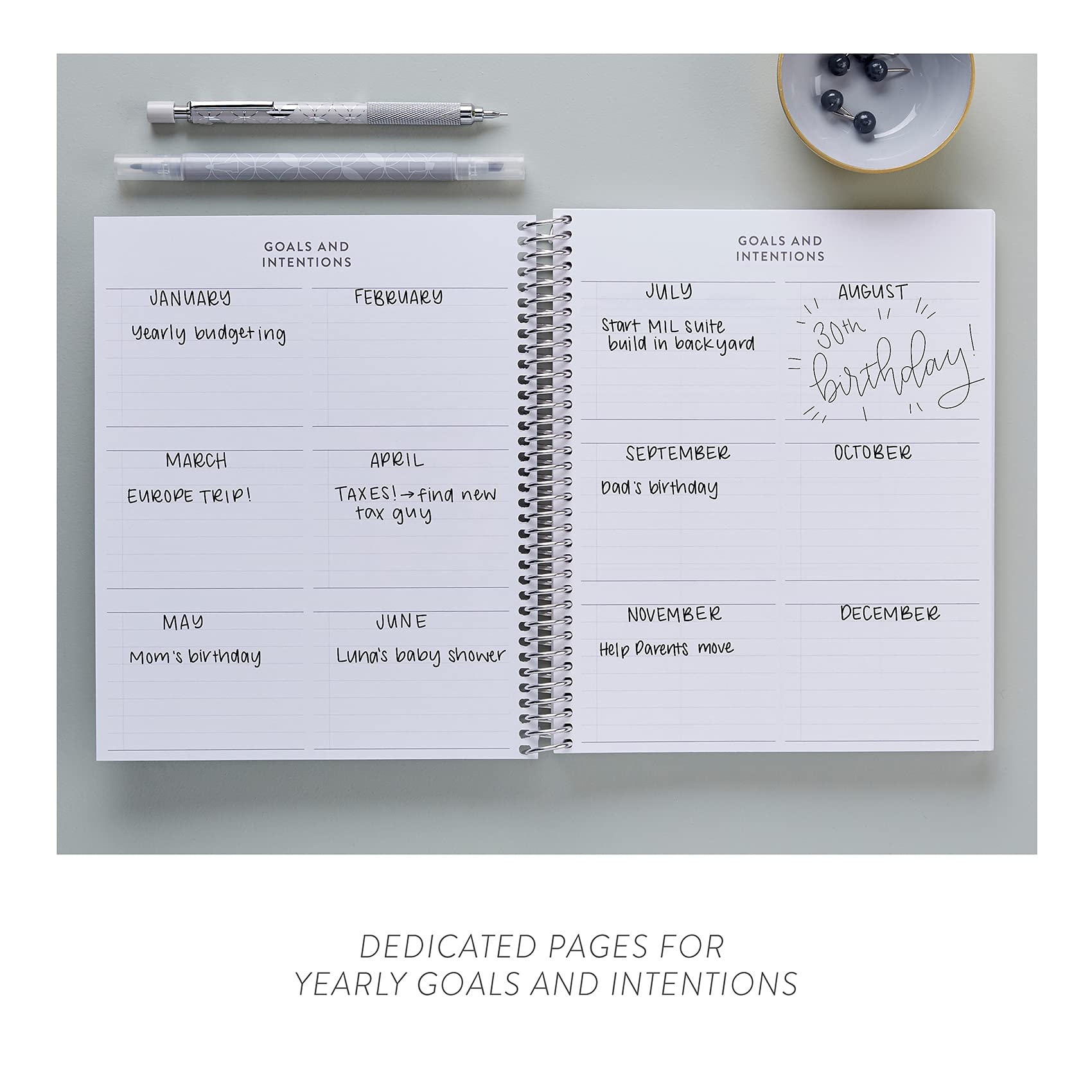 7" x 9" Spiral Bound 12 Month Undated Calendar Notebook - Solid Wisteria Vegan Leather with Lined Note and Goals Pages. 80 Lb. Thick Mohawk Paper by Erin Condren.