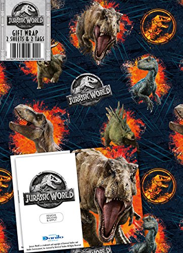 Jurassic Park Wrapping Paper and Gift Tags, 2 Sheets and 2 Gift Tags