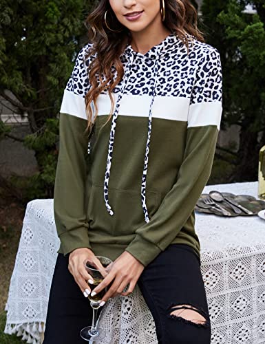 Bluetime Women Pullover Sweatshirt with Pocket Color Block Long Sleeve Fall Tops Shirts Leopard Hoodies (XL, Leopard Olive Green)