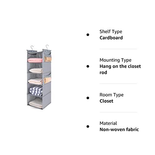 MAX Houser 5 Shelf Hanging Closet Organizer,Space Saver, Closet Hanging Shelves with (4) Side Pockets,Foldable,Light Grey