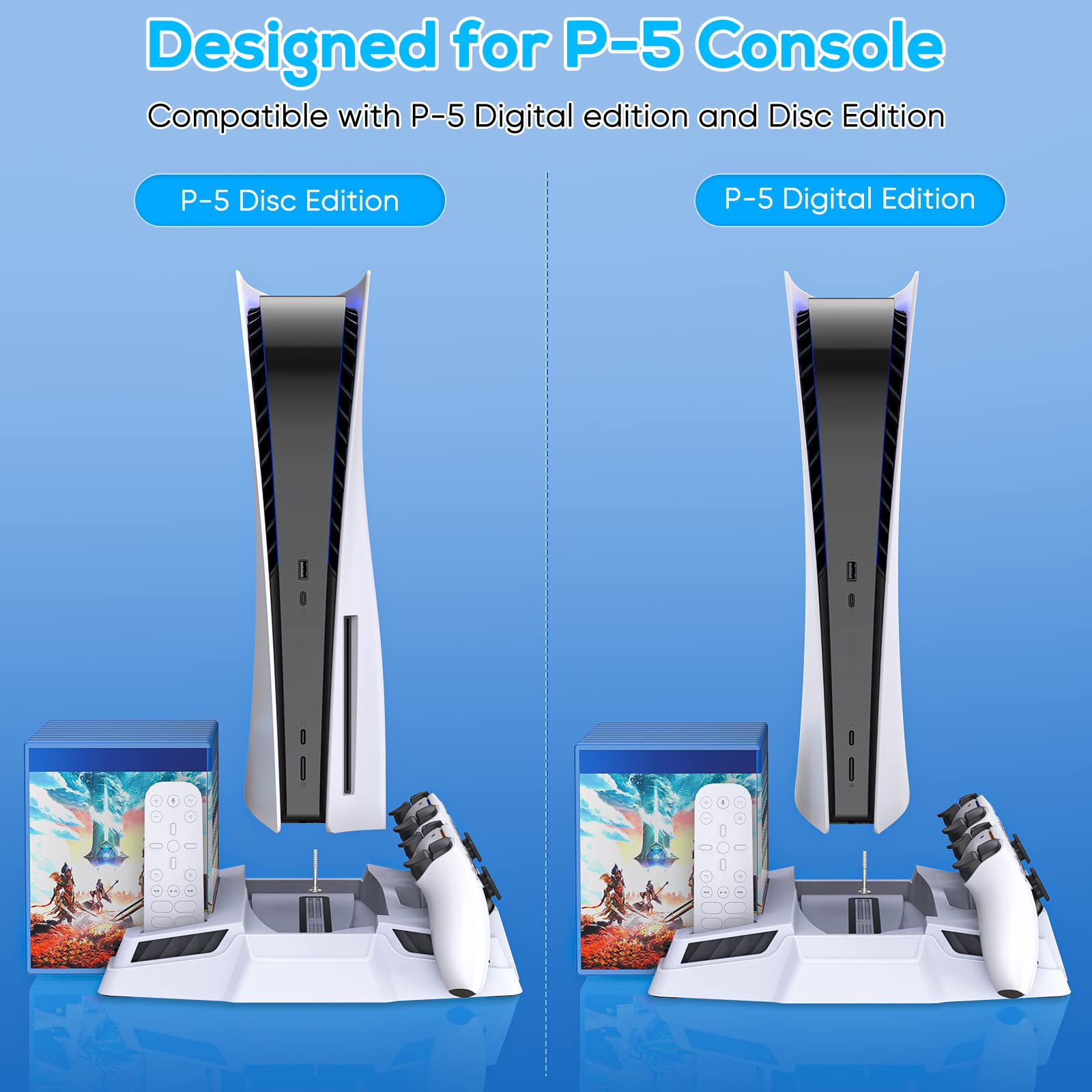 5 in 1 Stand for PS5 with Cooling Fan and Controller Charger, Console Cooling & Dual Charging Station Accessories Vertical Stand with 10 Games/Media Remote Organizer Headset Holder for Playstation 5