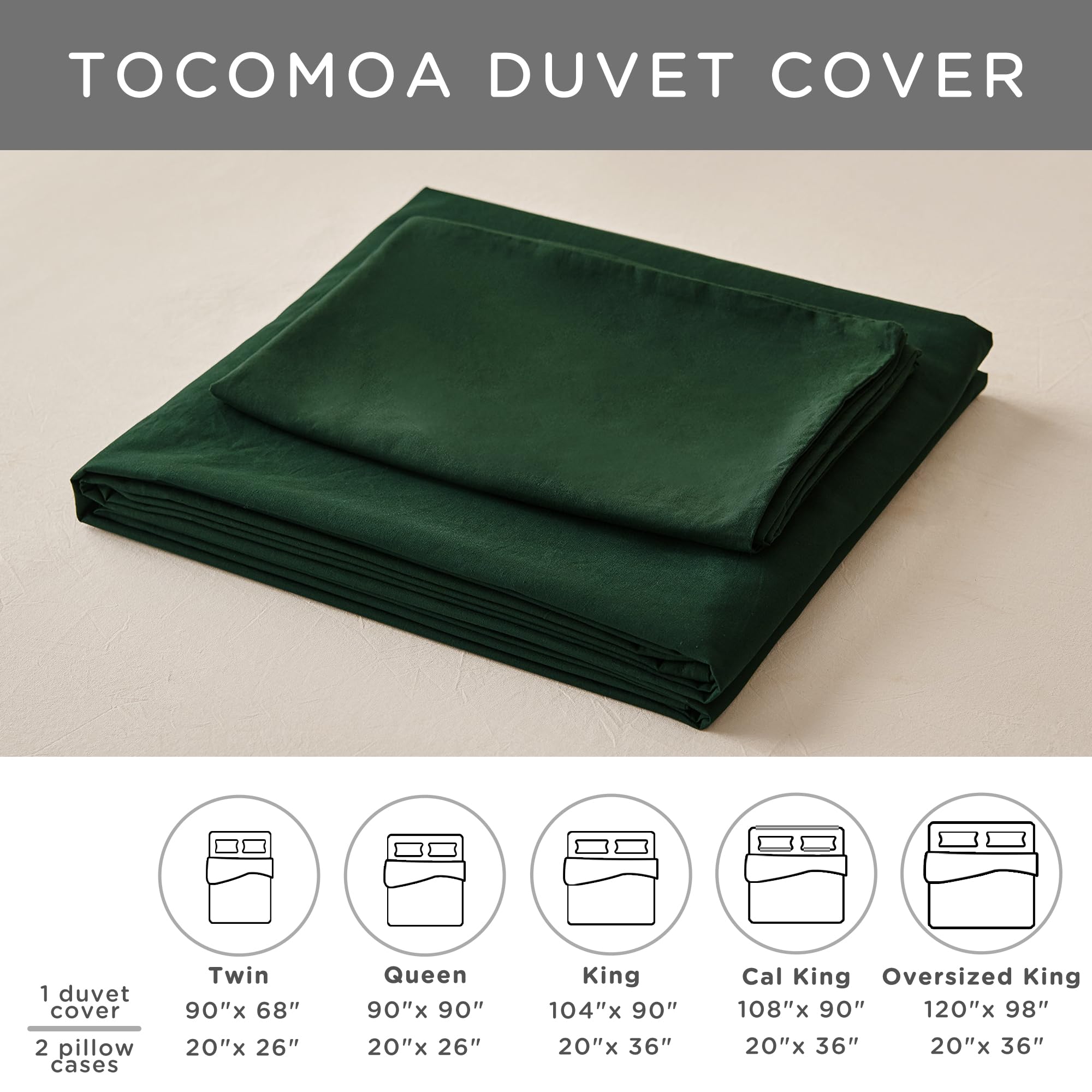 TOCOMOA Duvet Cover Set King Size, 100% Washed Cotton Like Linen Textured, 3 Piece Dark Green Bedding Set Soft Breathable, Ideal for Sweating Groups, Simple Style Farmhouse Comforter Cover