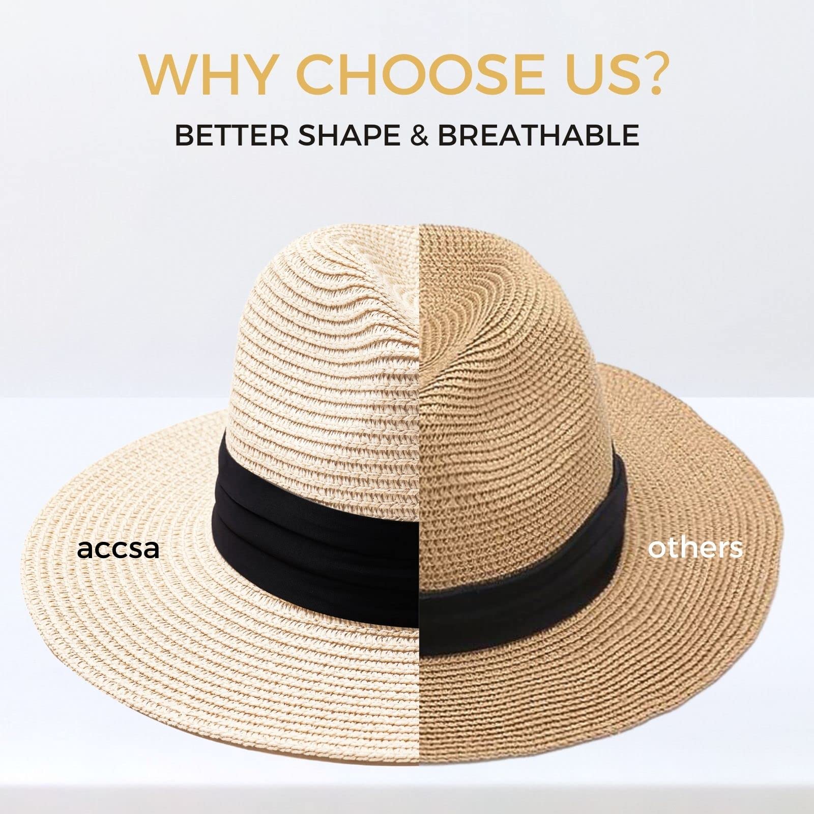 accsa Panama Straw Hat for Women Wide Brim Summer Straw Hat Classic Sun Hat for Beach Ladies Foldable Fedora Hat UPF 50+