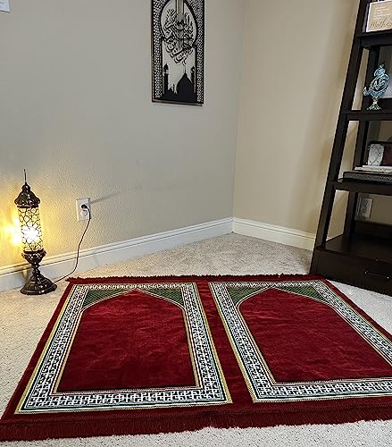 Modefa Turkish Islamic Prayer Rug - Wide Velvet Praying Mat - Multi Person Muslim Janamaz Sajada for Family - Group Praying Carpet - Solid 2 Person (Red)
