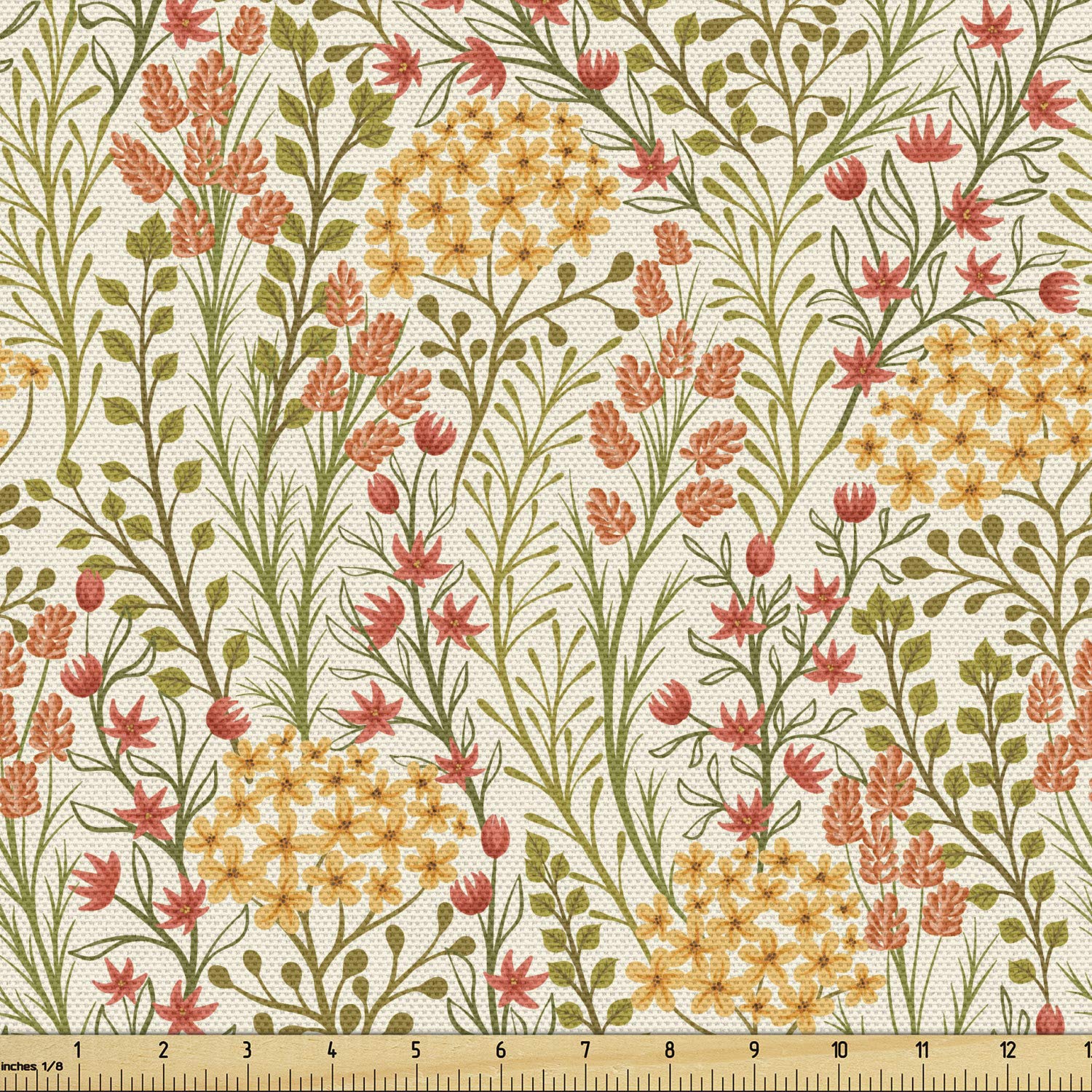 Ambesonne Flower Fabric by The Yard, Leaves Flowers Old Vintage Ivy Design with Plants Nature Theme Retro Artwork Print, Decorative Fabric for Upholstery and Home Accents, Multicolor