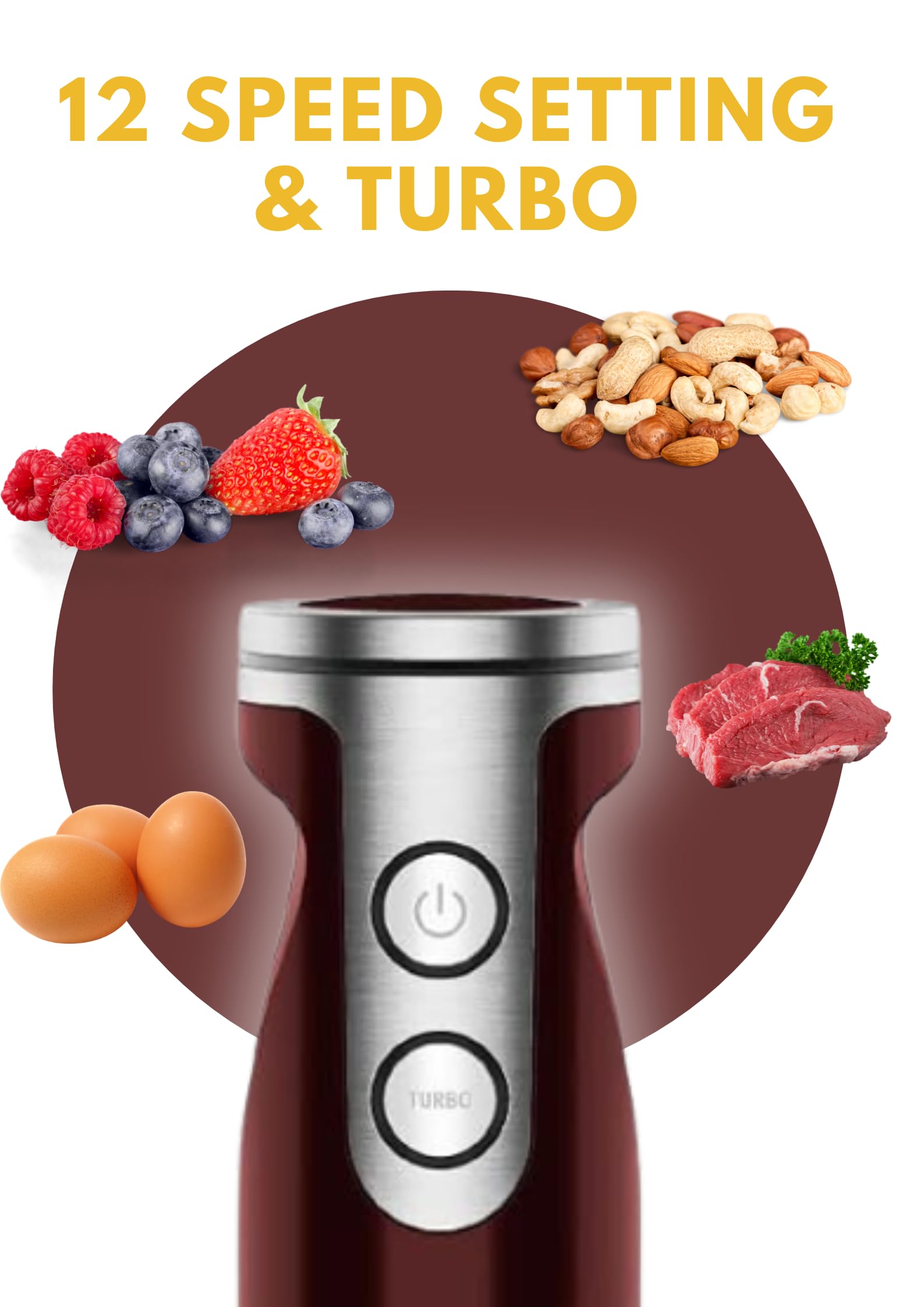 Megawise 3-in-1 Hand Blender β 12-Speed, Includes Powerful Blender Stick, Whisk, and Milk Frother β Easy to Clean and Perfect for Smoothies, and More (Red)