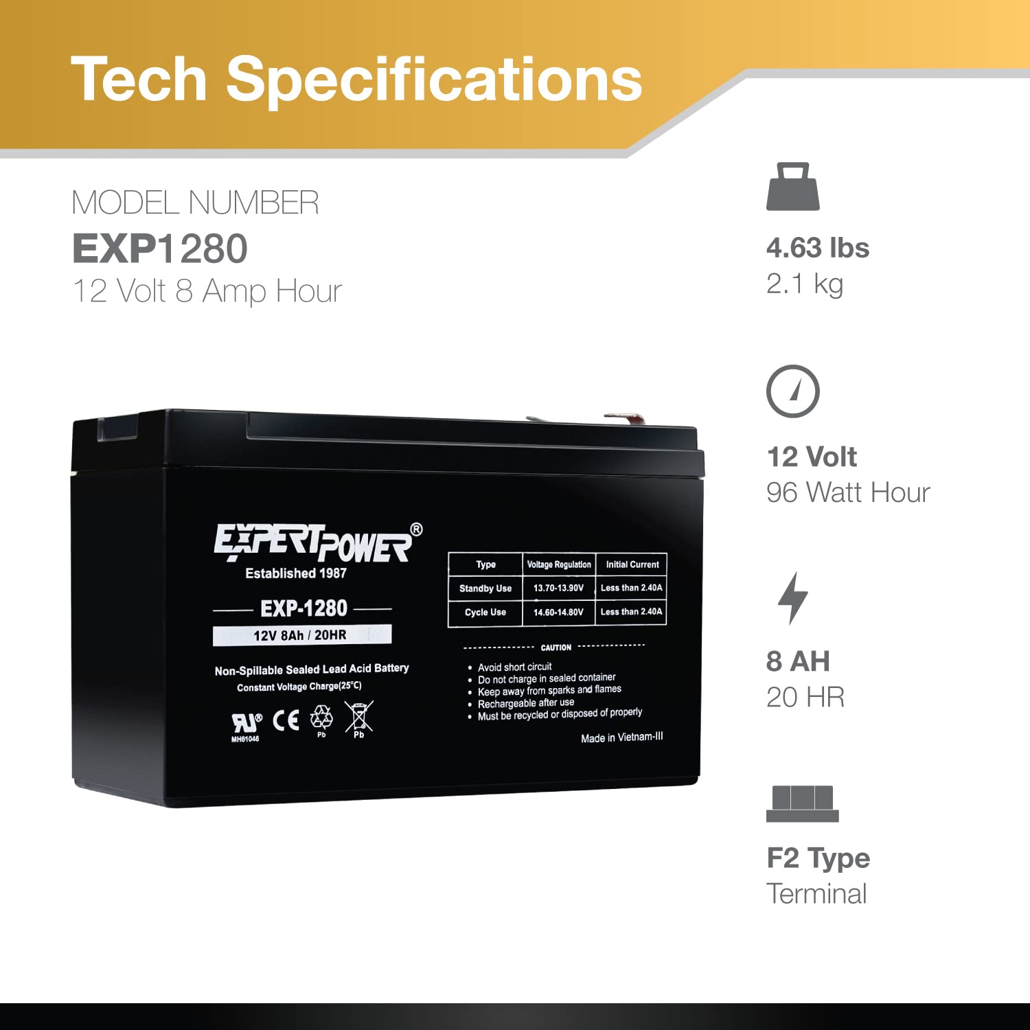 ExpertPower® 12V 8AH Sealed Lead Acid (SLA) Battery Replacement for APC Back-UPS ES 550VA Pro 1300/1500 Liftmaster CSL-24VDC Slider Gate Opene - F2 Terminals / 8 Pack