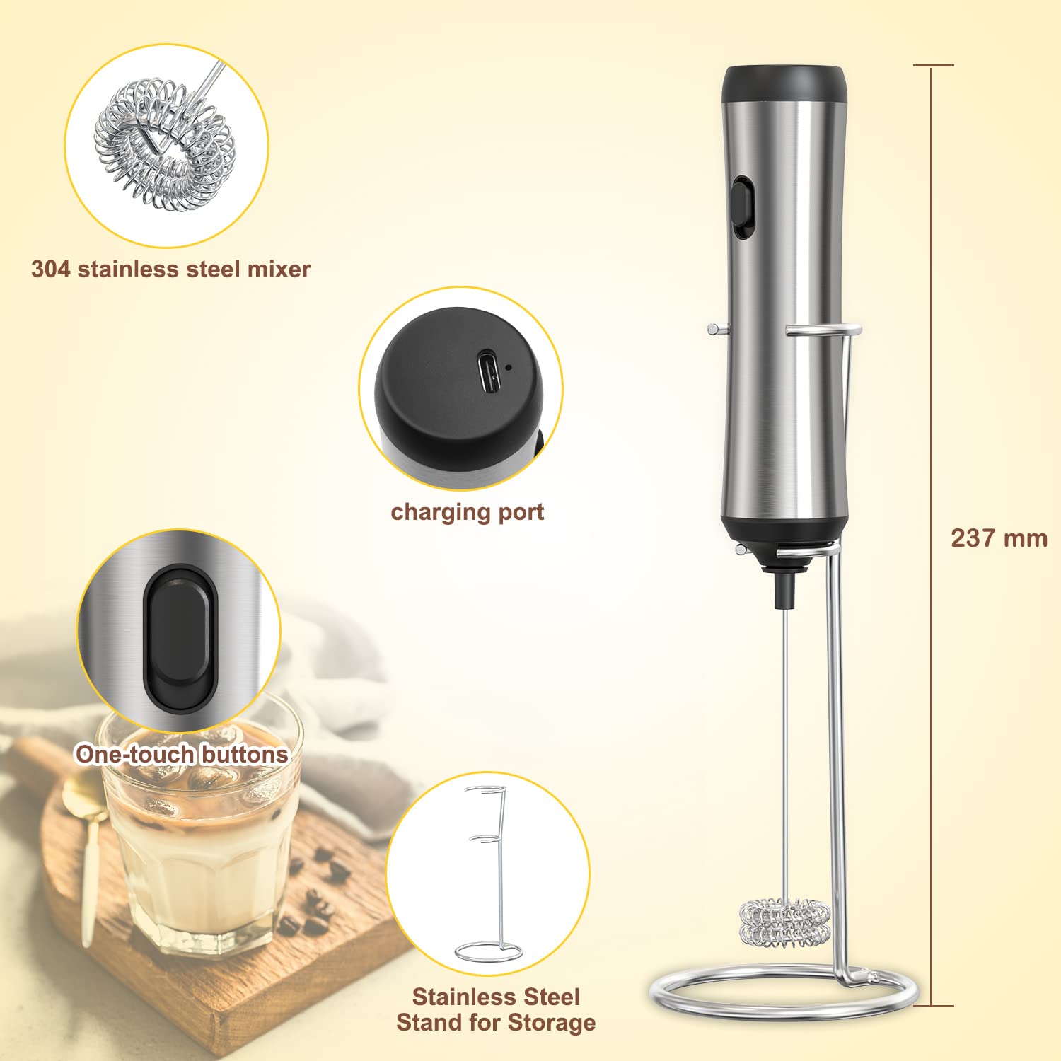 Electric Milk Frother, Handheld with Stainless Steel Stand USB-charging Foam Maker, DOUBLE WHISK Mini Blender and Electric Mixer Coffee Frother for Frappe, Latte, Matcha(USB-charging)