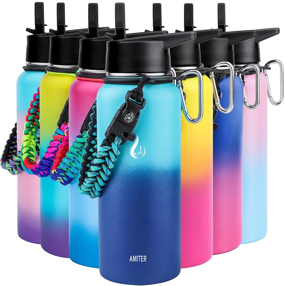 AMITER Insulated Bottle with Straw & Spout Lid, Wide Mouth Stainless Steel Water Bottles with Paracord Handle - 22oz, 32oz, 40oz, 64oz