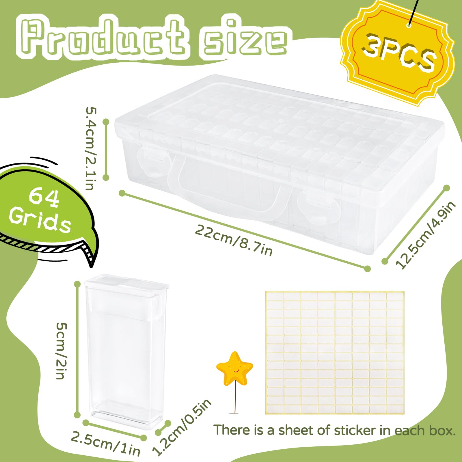 ANQEEL 3 PCS 64 Grids Diamond Painting Storage Containers,Craft Storage Tool Box with Label Stickers,Portable Storage Organizer for Jewelry,Art DIY,Crafts,Beads, Clear
