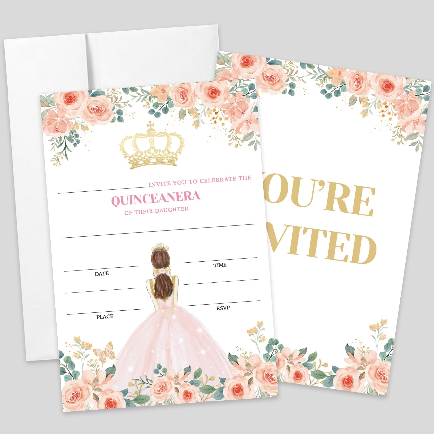 AEHIE 20 Sets 15th Quinceanera Party Shaped Fill-In Invitations With Envelopes, Pink Floral Crown Princess Rose Invitations Invite RSVP Cards for 15 Year Old Girls, Bridal Shower Party Invites