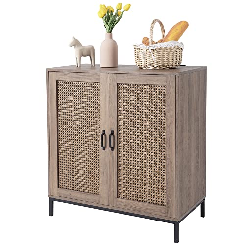 BIRASIL Sideboard Buffet Cabinet, Rustic Storage Cabinet with Rattan Doors for Entryway/Hallway, Accent Liquor Cabinet for Home Kitchen Living/Dinning Room (Natural Oak)
