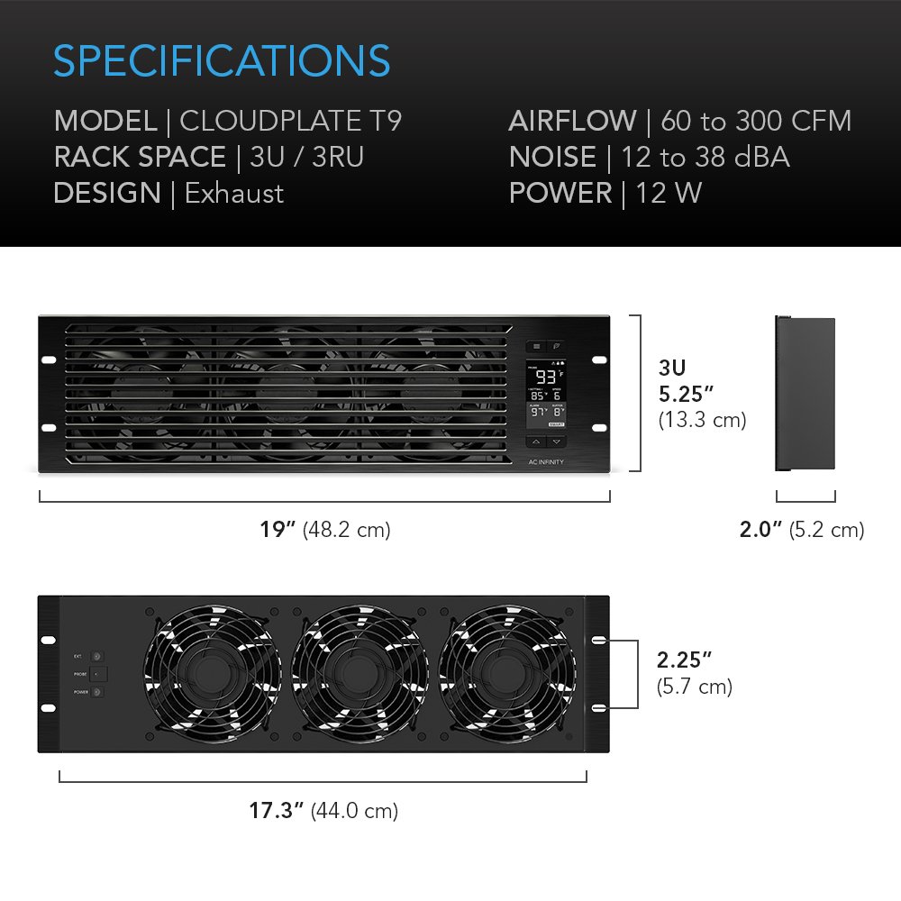 AC Infinity CLOUDPLATE T9, Rack Mount Fan Panel 3U, Exhaust Airflow, for Cooling AV, Home Theater, Network 19” Racks