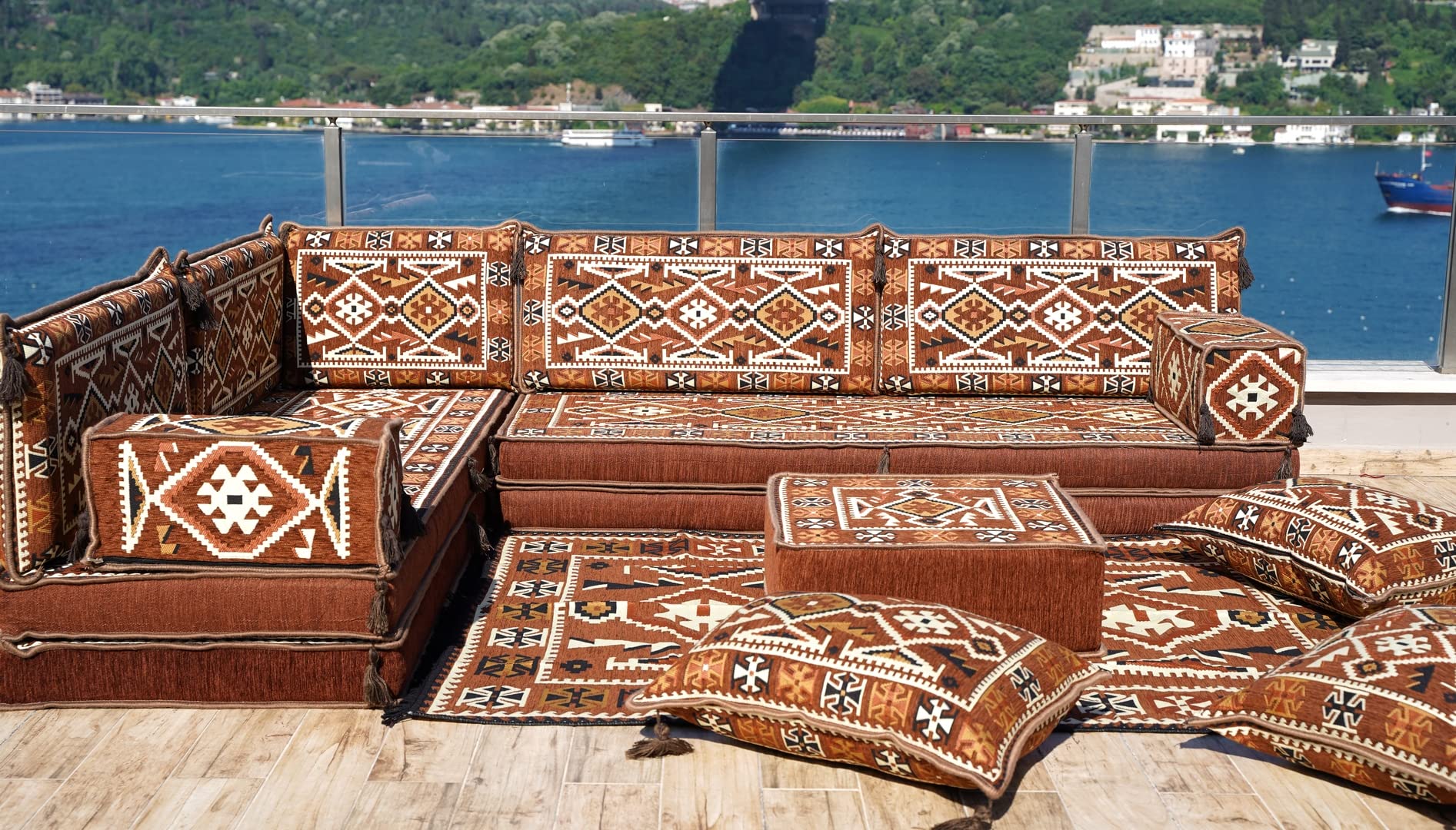 8" Thickness Brown Corner Floor Seating Set, Pallet Cushion Set, Modular Design Floor Cushion, Garden Sofa Set, Indoor Sofa Set, Futon Sofa Bed (L Sofa Full Set)