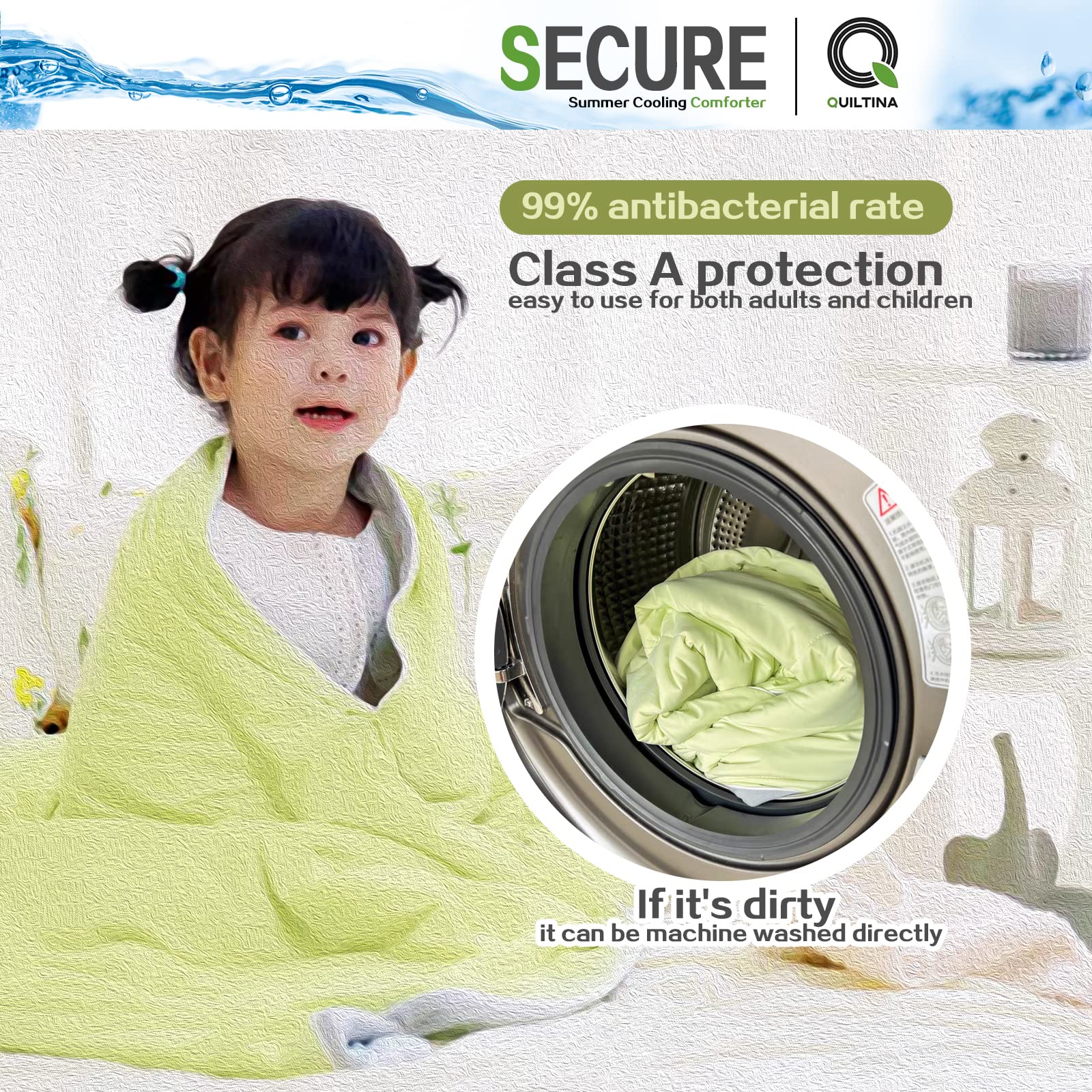 QUILTINA Summer Cooling Comforter Set Children's with 2 Pillowcase for Hot Sleepers Night Sweats, Safe Fabric Lightweight Blanket, Cool Q-MAX>0.4, Soft Back for All Seasons, Throw Size, 47"x59"