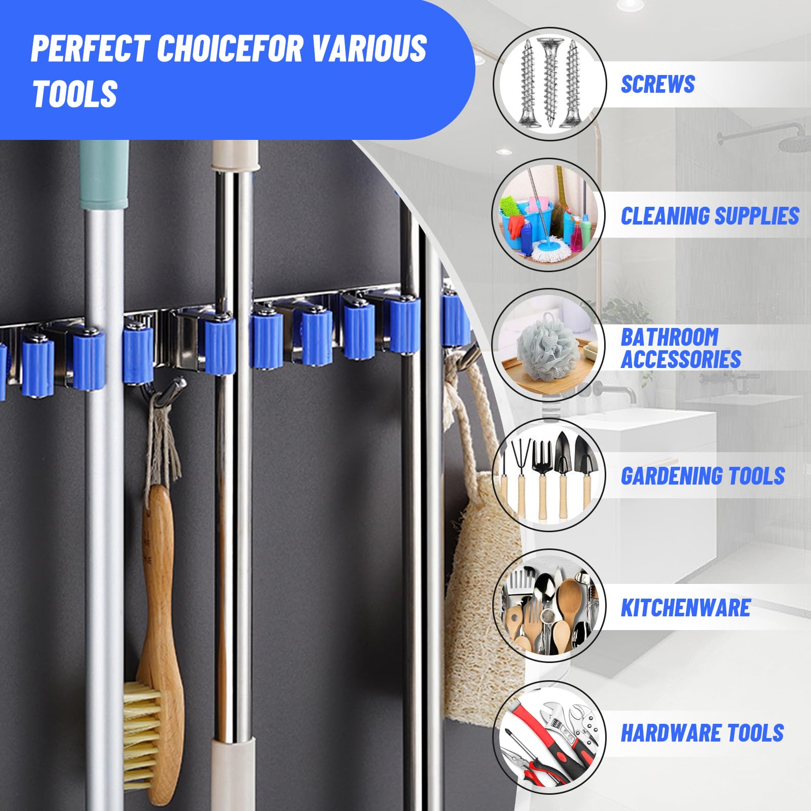 Mop Broom Holder Wall Mounted,6 Racks 3 Hooks Heavy Duty Stainless Steel Broom and Mop Hangers,Garage Storage Rack & Garden Tool Organizer, Self-adhesive/Screw Drilling