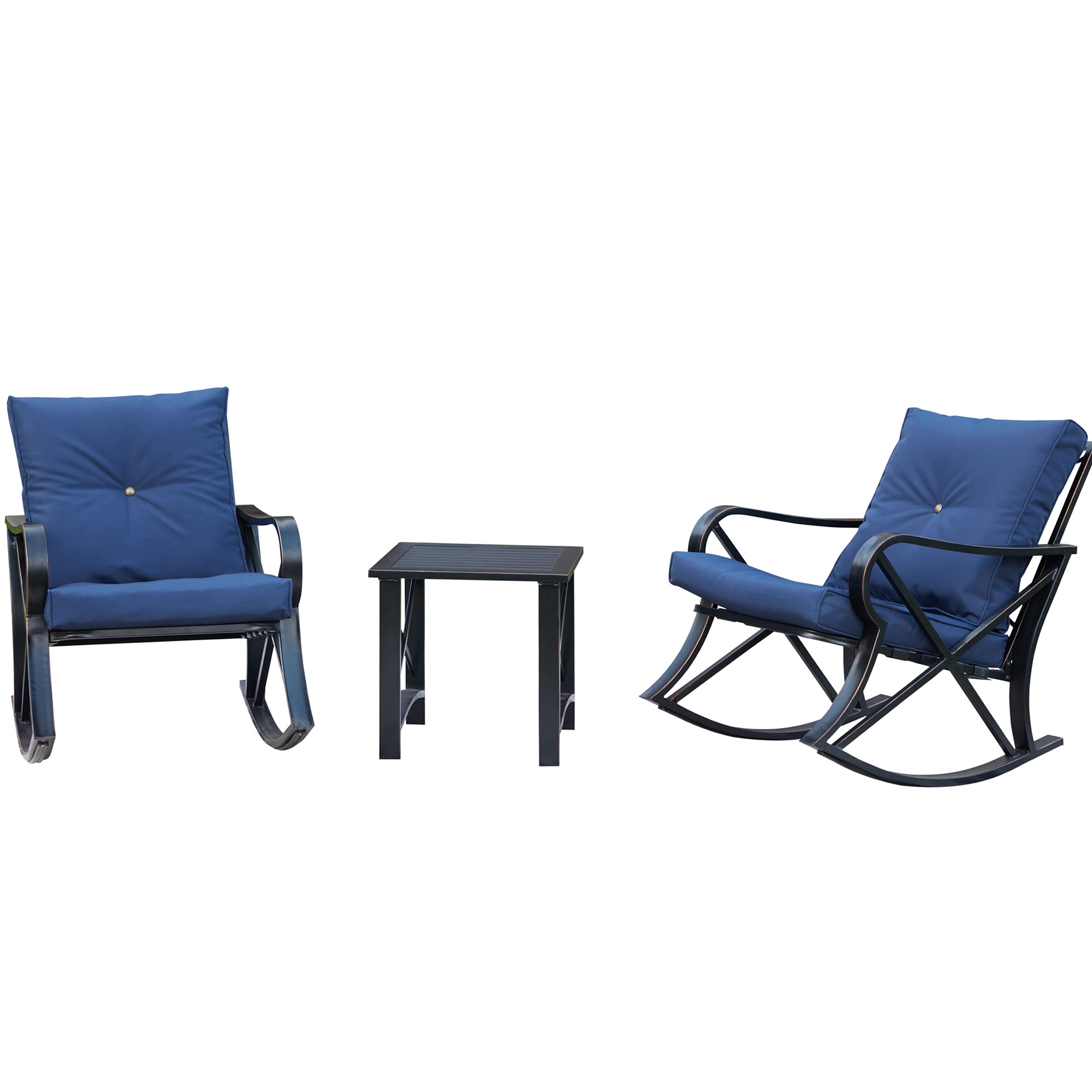 LOKATSE HOME 3 Pieces Outdoor Bistro Rocking Set Armchairs with Cushion and Coffee Table, Blue